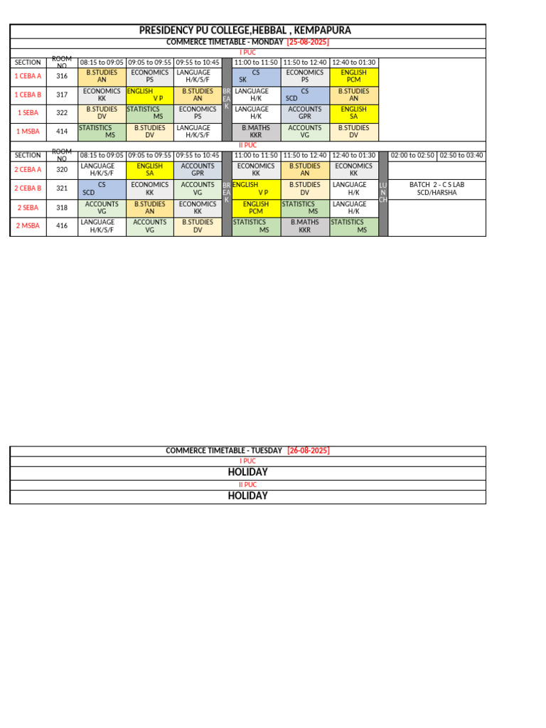 Commerce Timetable From 25-08-2025 To 30-08-2025 | PDF