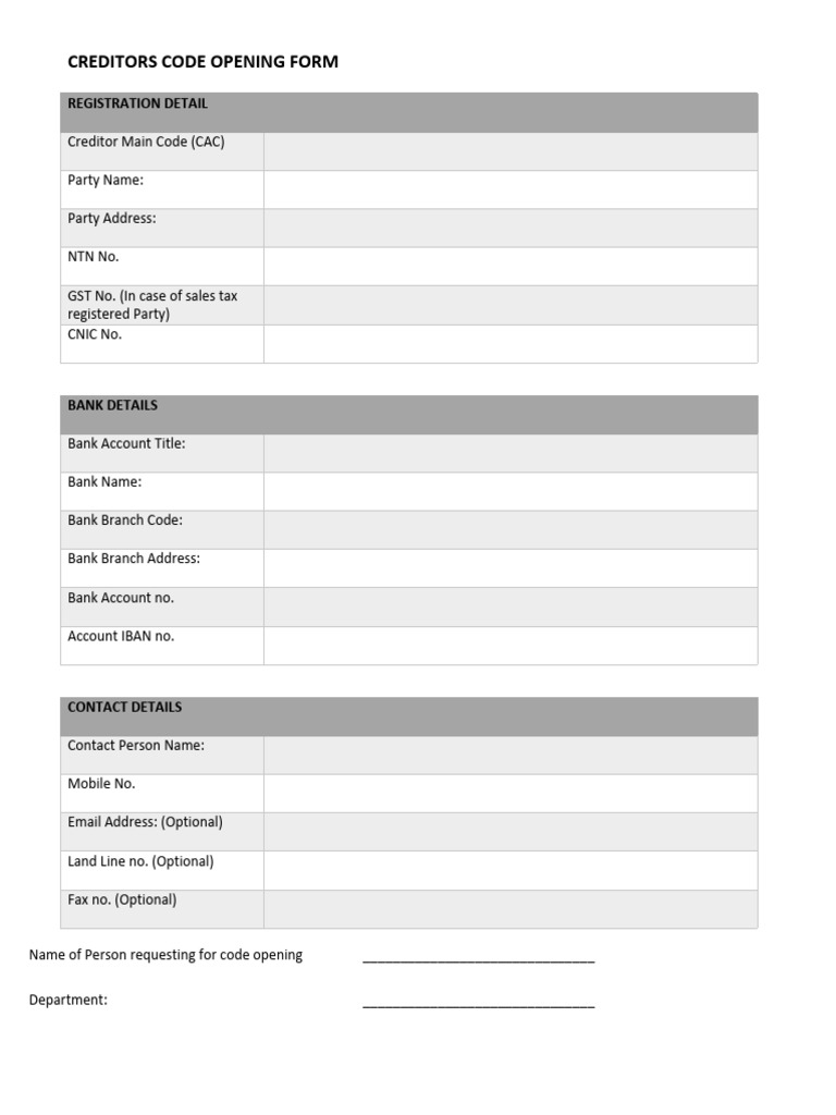 Creditor Code Opening Form | PDF