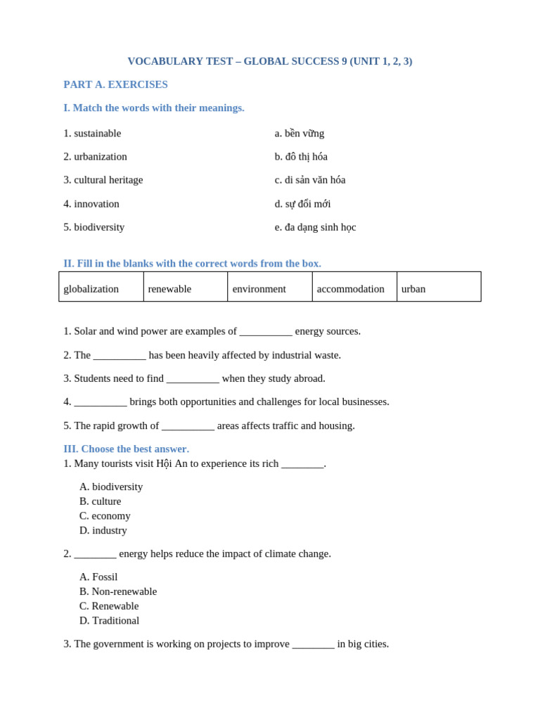 Vocabulary Test: Global Success 9 | PDF | Sustainability | Sustainable ...