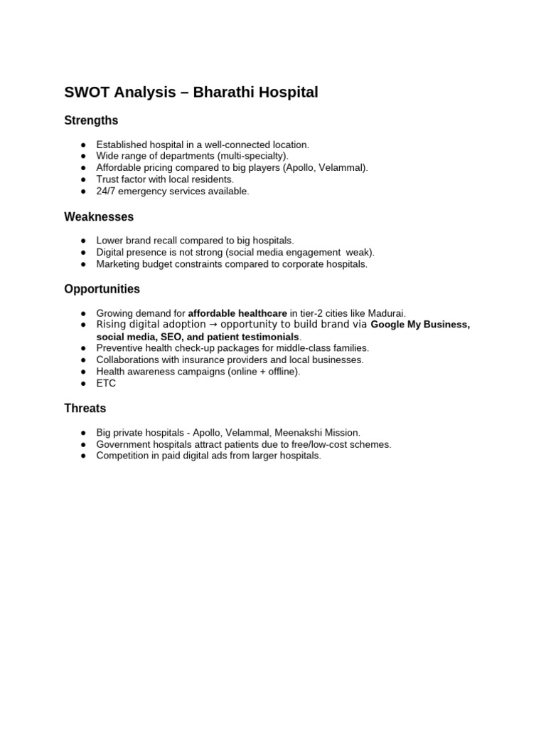 SWOT Analysis of Bharathi Hospital | PDF