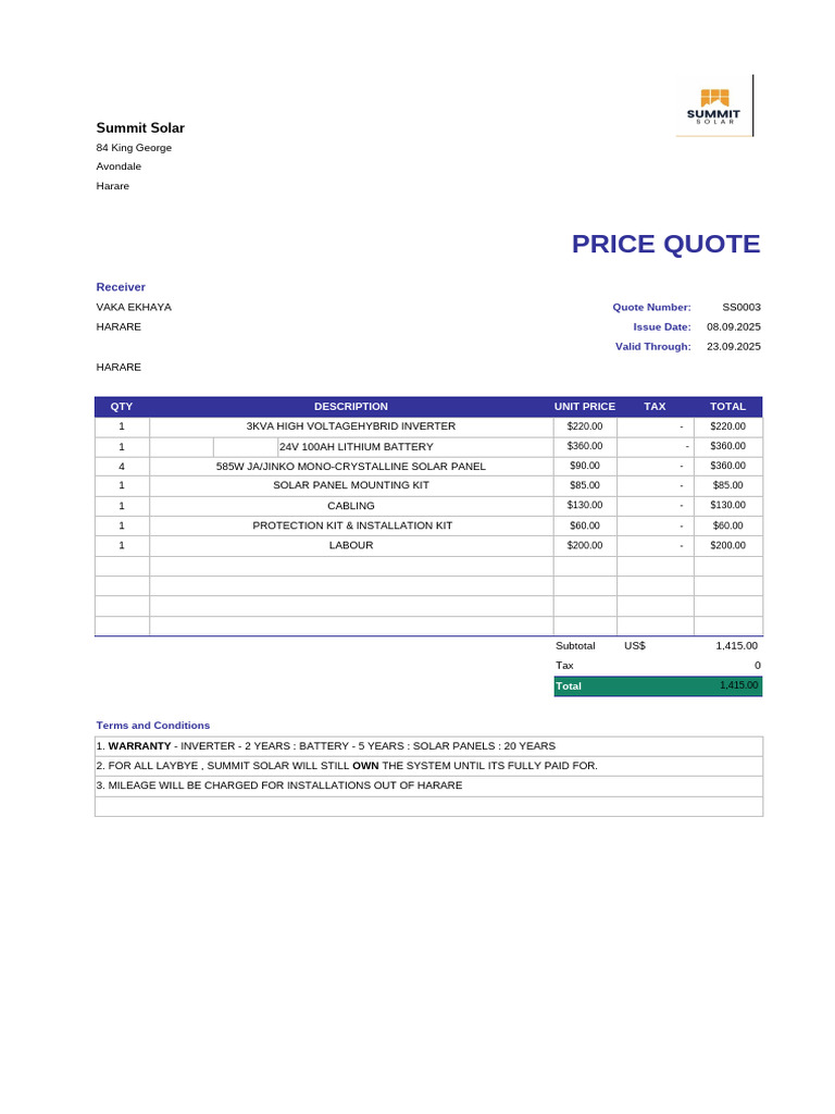 Summit Solar Price Quote for Hybrid System | PDF