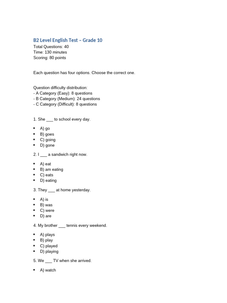 B2 Level English Test for Grade 10 | PDF