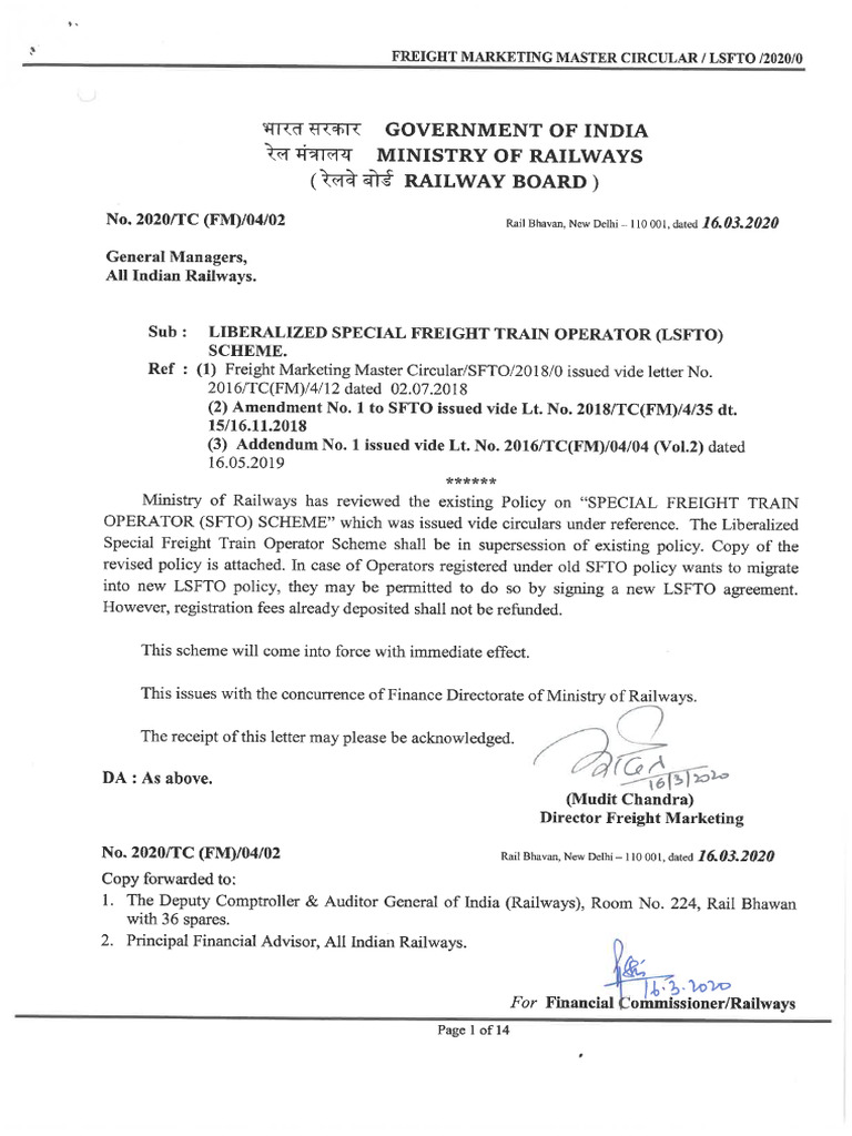 Master Circular Dt. 16.03.2020 - Liberalized Special Freight Train ...