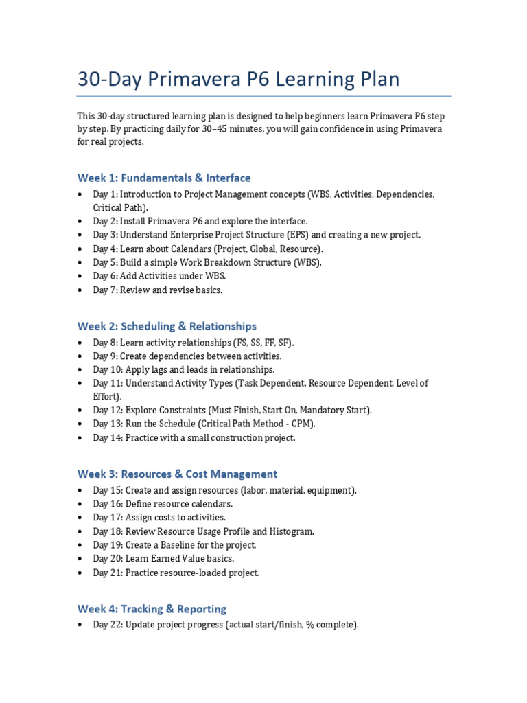 Primavera P6 30 Day Learning Plan | PDF