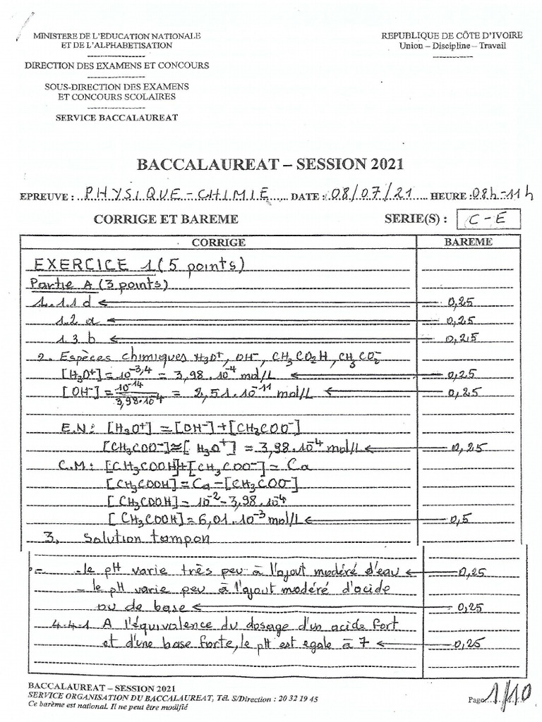 Corrigé Et Barème Du Bac C 2021 - PC | PDF