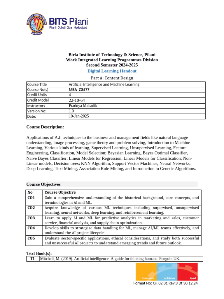 Mba ZG577 Course Handout | PDF | Machine Learning | Artificial Intelligence