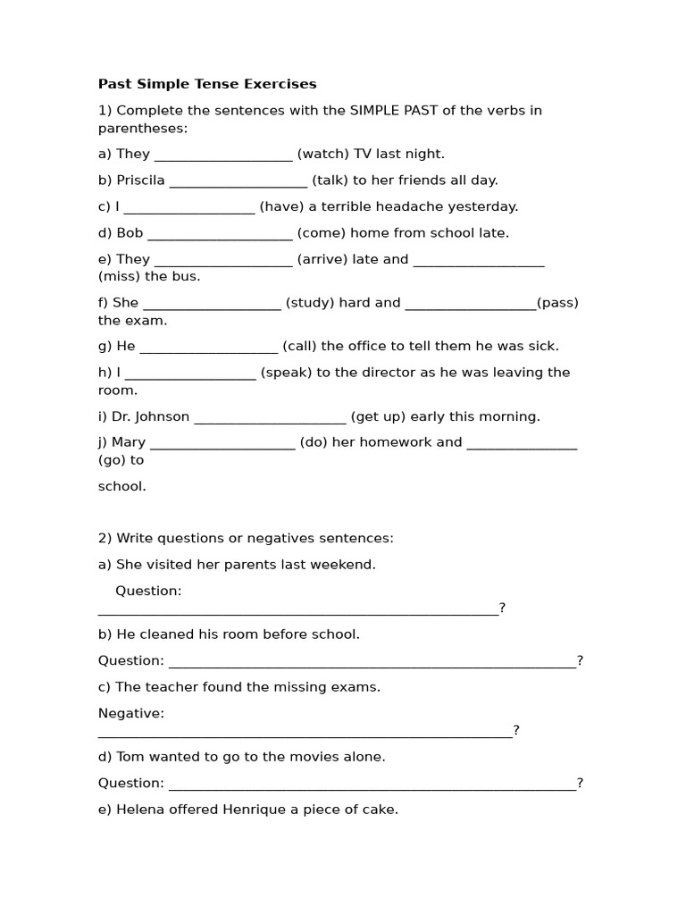 Past Simple Tense Practice Exercises | PDF