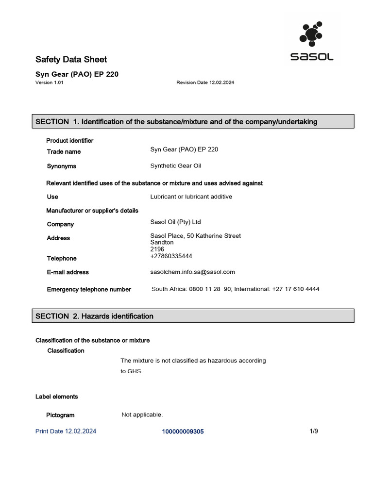 Syn Gear EP 220 Safety Data Sheet | PDF | Chemistry | Occupational ...