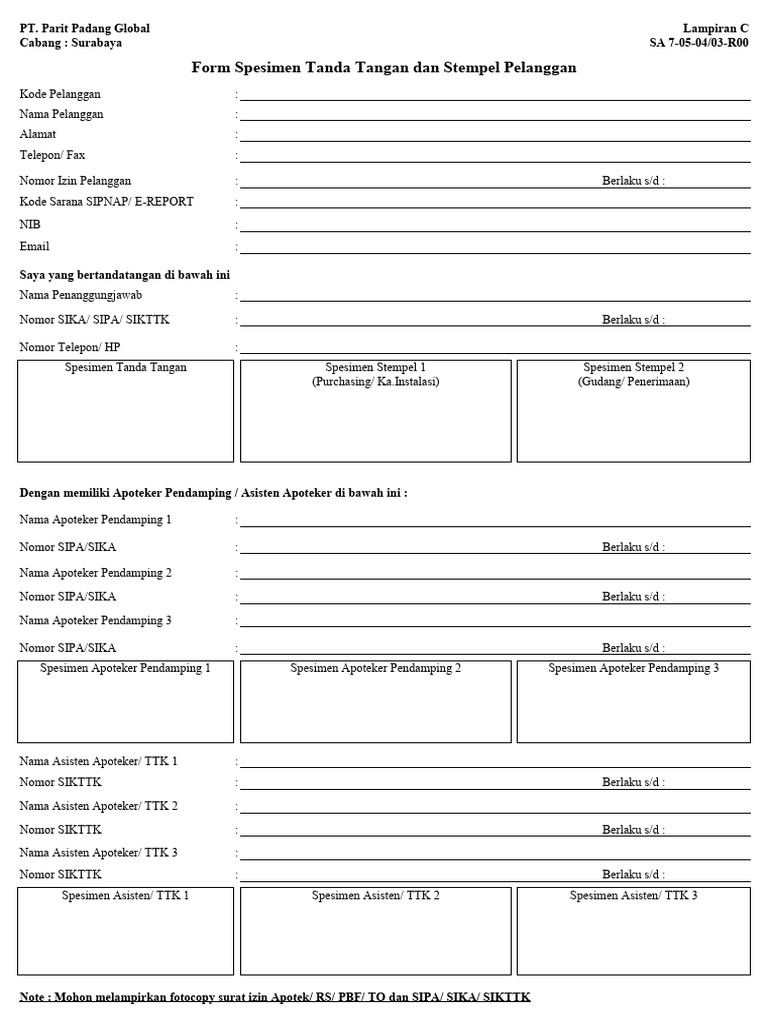 Form Spesimen Tanda Tangan Dan Stempel Pelanggan, Lamp C | PDF
