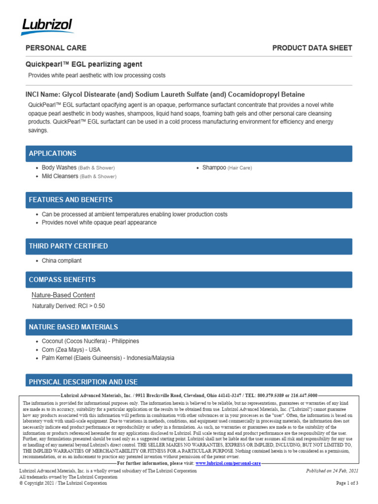 Quickpearl™ EGL: Pearlizing Agent for Shampoo | PDF | Shampoo