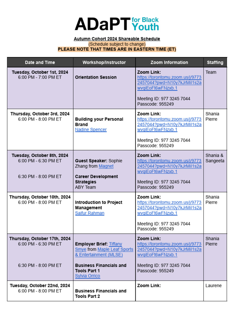 ADaPT For Black Youth Autumn Cohort Shareable Schedule - Synchronous | PDF
