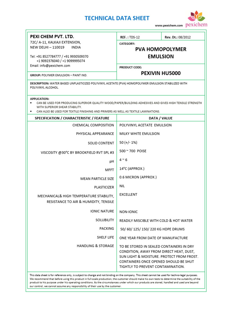 PEXIVIN HU5000 PVA Emulsion Data Sheet | PDF | Polymers | Polyvinyl ...