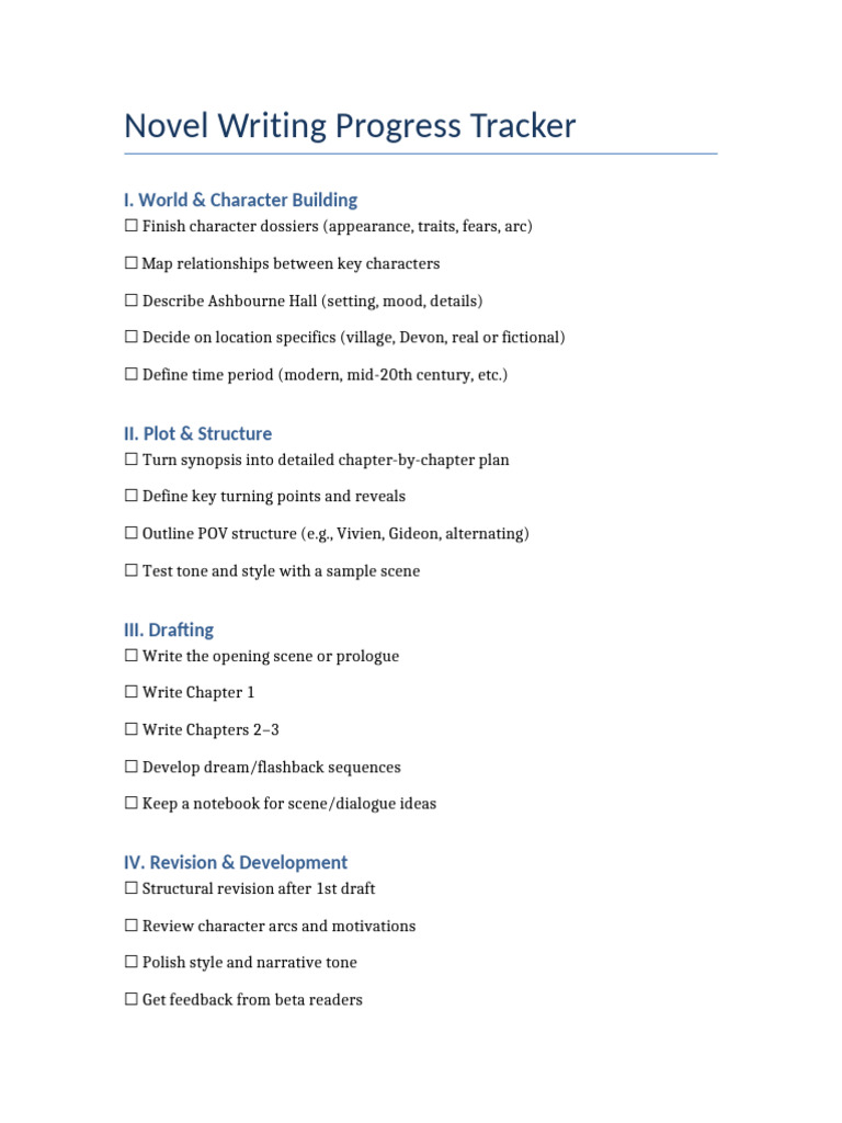 Novel Writing Progress Checklist | PDF