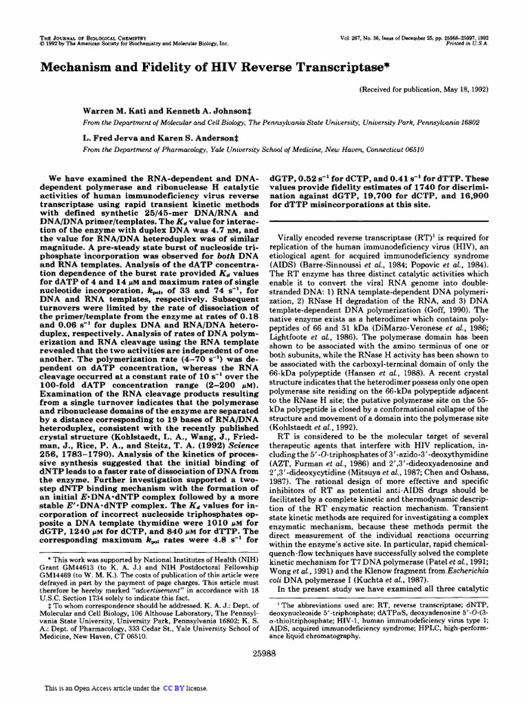 Mechanism and Fidelity of HIV Reverse Transcriptase | PDF | Reverse ...