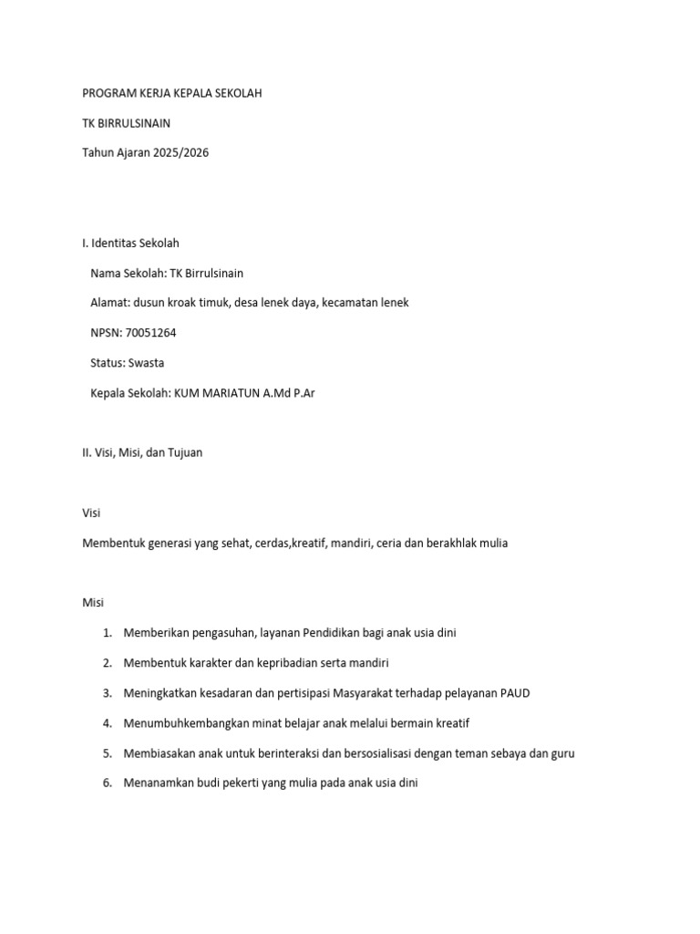Program Kerja Kepala Sekolah | PDF