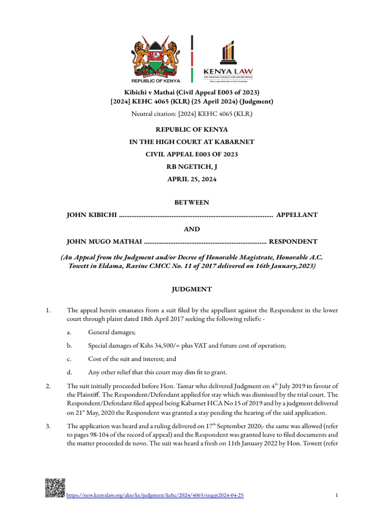 Kibichi V Mathai (Civil Appeal E003of2023) 2024KEHC4065 (KLR ...