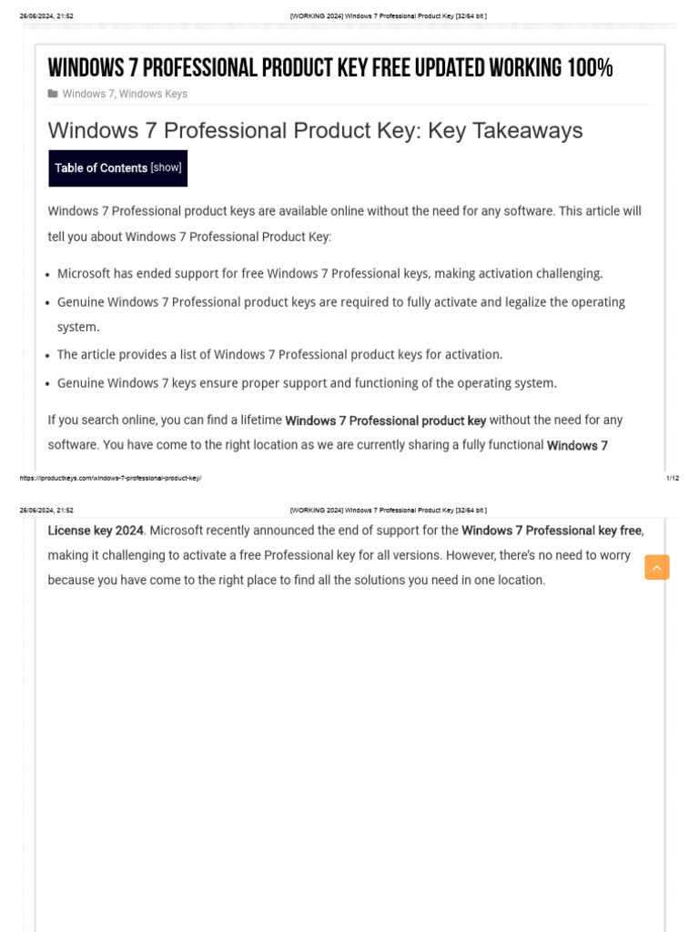 (WORKING 2024) Windows 7 Professional Product Key (32 - 64 Bit) | PDF ...