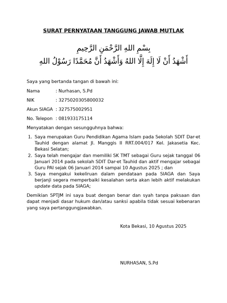 Surat Pernyataan Tanggung Jawab Mutlak 2025 | PDF