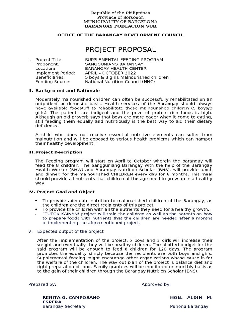 Feeding Project Proposal Poblacion Sur | PDF | Malnutrition | Nutrition