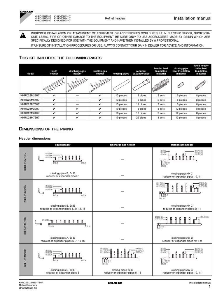Daikin Refnet Headers Installation Guide | PDF | Pipe (Fluid Conveyance ...
