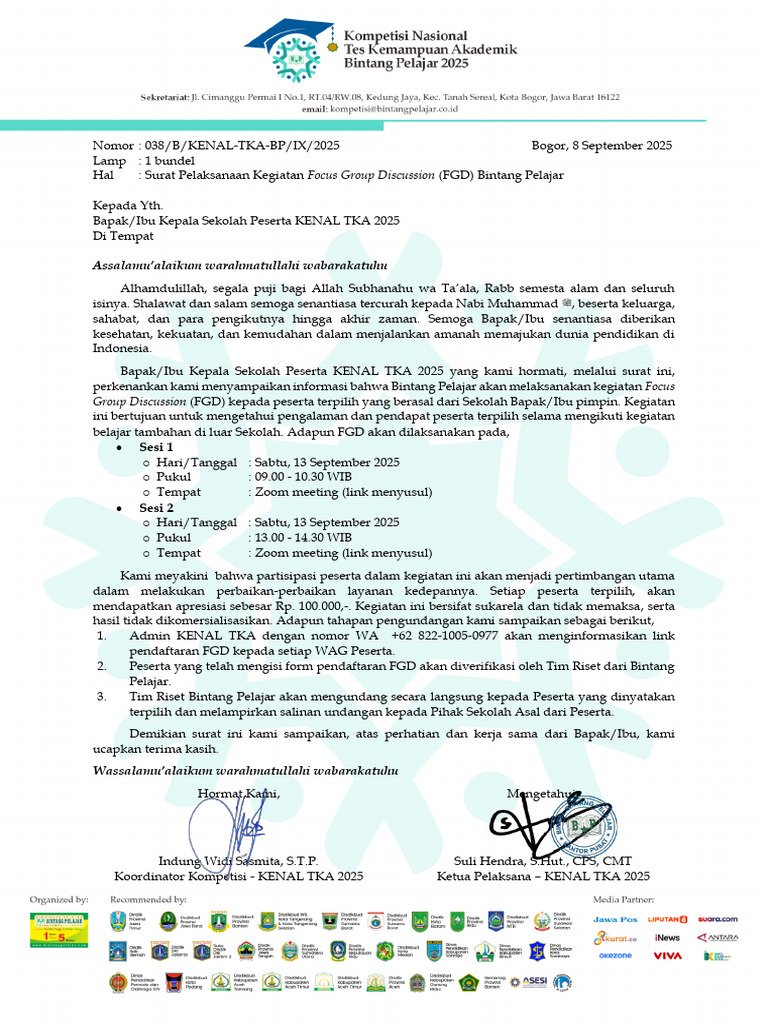 Surat Pelaksanaan Kegiatan Focus Group Discussion (FGD) Bintang Pelajar ...