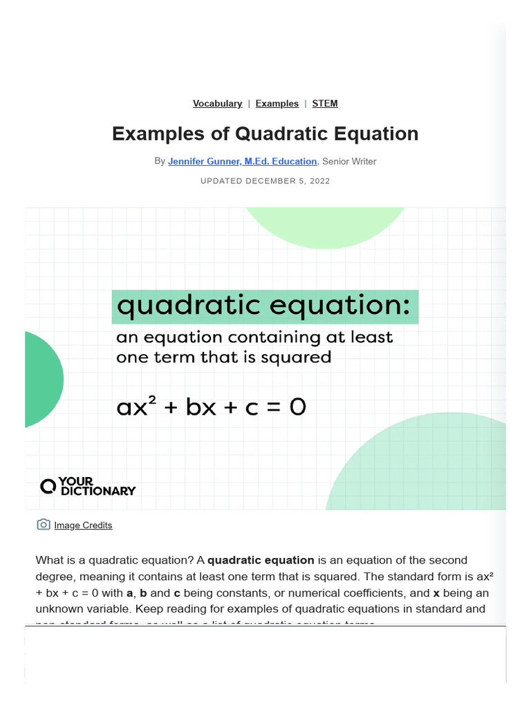 Examples of Quadratic Equations | PDF | Equations | Quadratic Equation