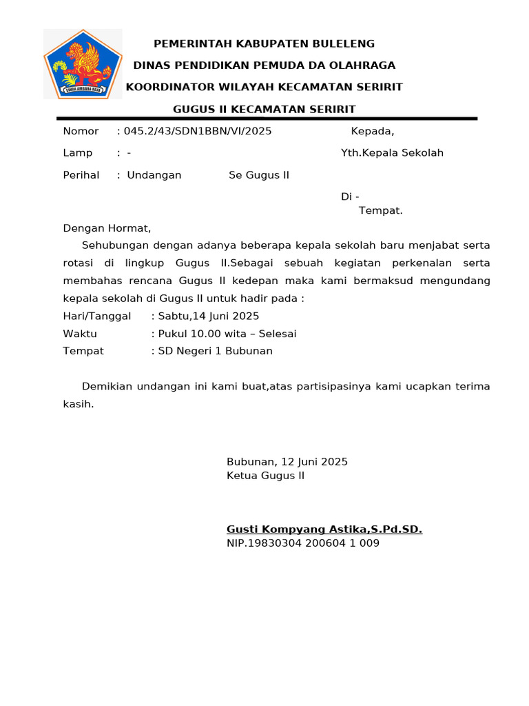 Undangan Rapat Kepala Sekolah Gugus II | PDF