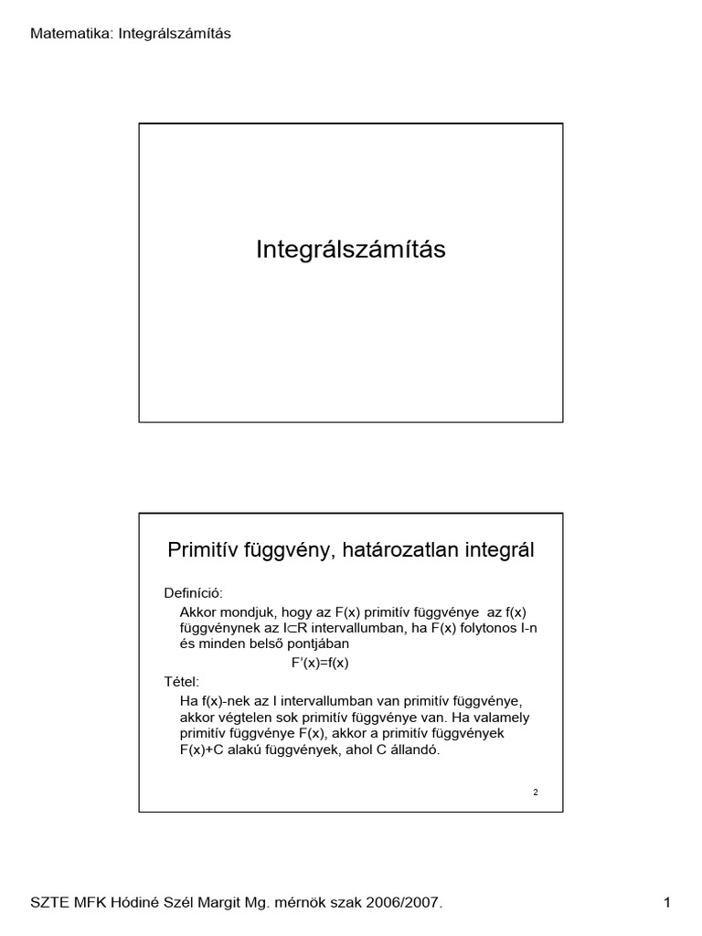 Matematika MG Mernok 2006 2007 Integralszamitas | PDF