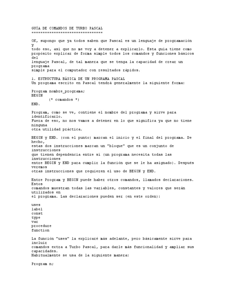 Guía de Comandos de Turbo Pascal | PDF | Estructura de datos de matriz | Programa de computadora
