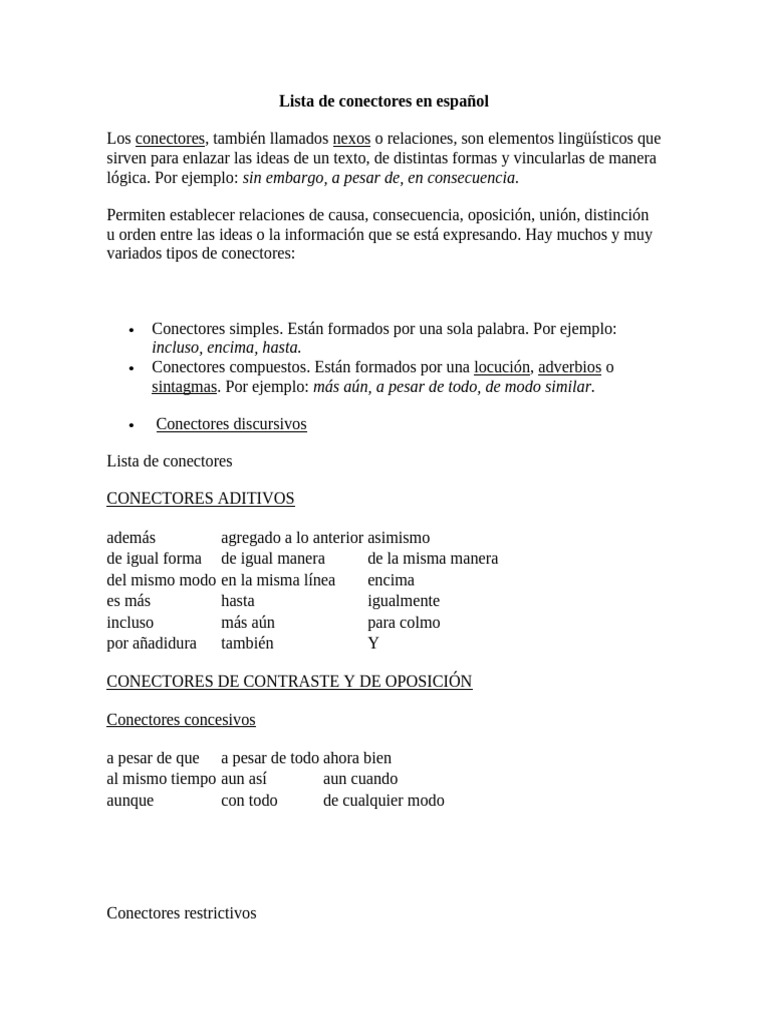 Lista de conectores en español | PDF | Adverbio