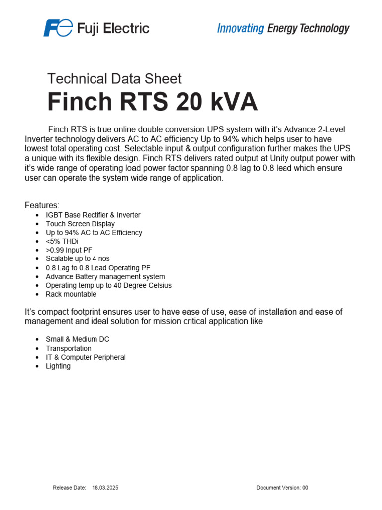 Finch RTS Data Sheet - 20kVA - 3-1 | PDF | Alternating Current | Power ...