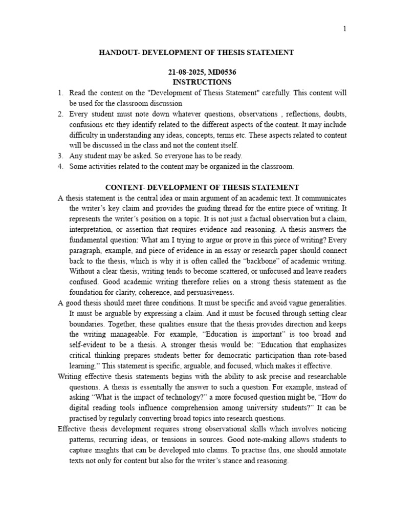 21-08-2025, HANDOUT, DEVELOPMENT OF THESIS STATEMENT, (Students' Copy ...