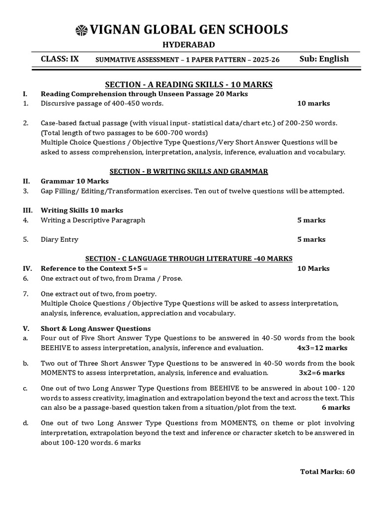 9th Class SA-1 Exam Pattern 2025 | PDF | Reading Comprehension | Learning