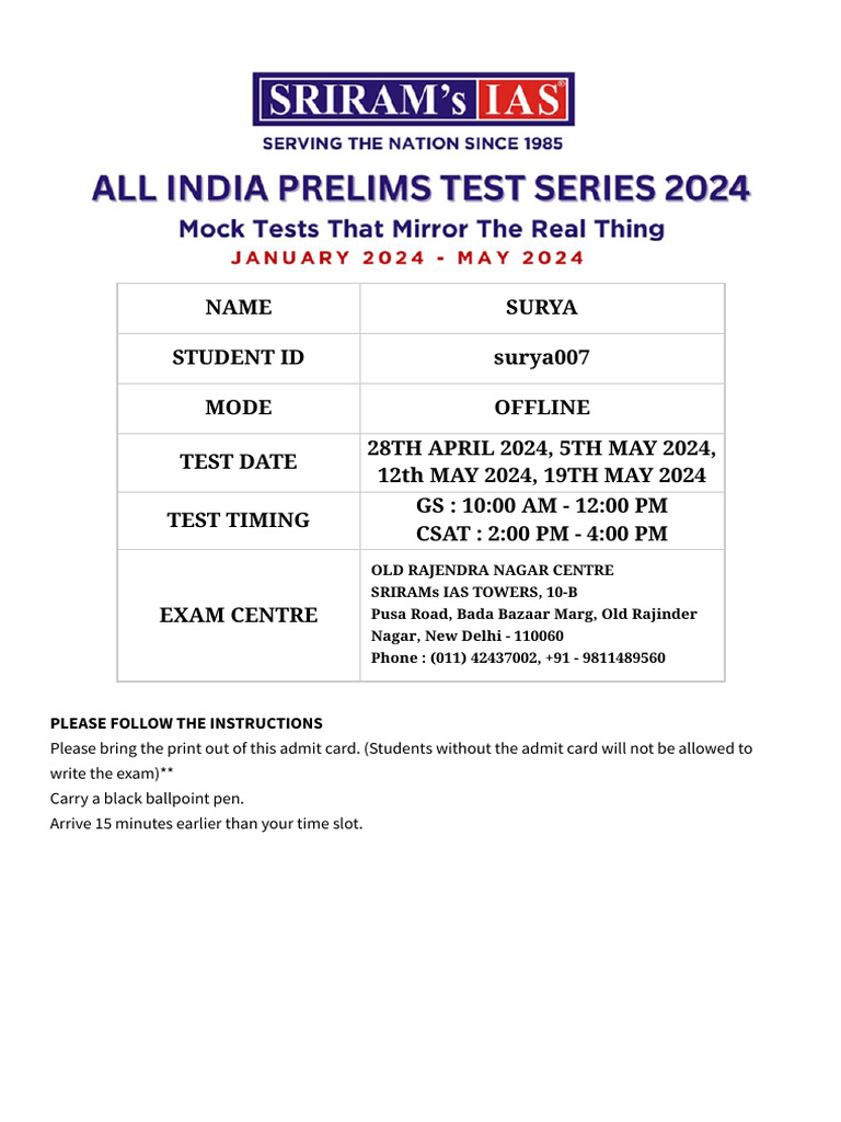 Surya's IAS Exam Admit Card Details | PDF