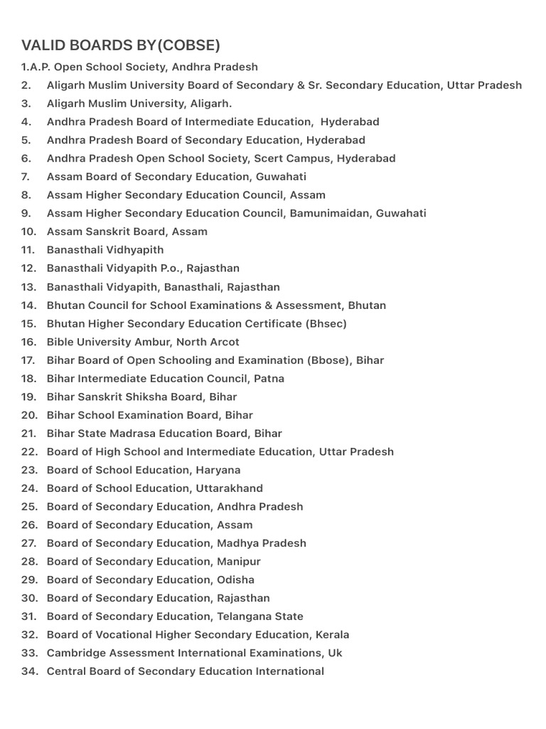 Valid Boards by (Cobse) | PDF | Educational Organizations | Qualifications