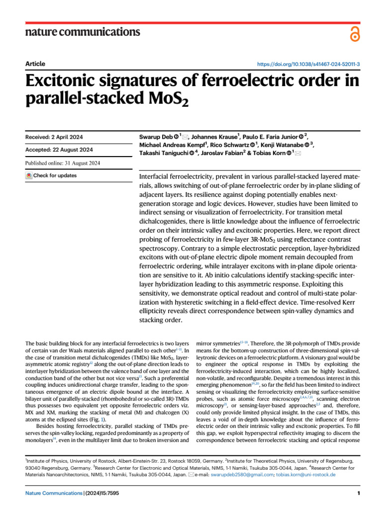 Ncomm-Excitonic Signatures of Ferroelectric Order in Parallel-Stacked ...