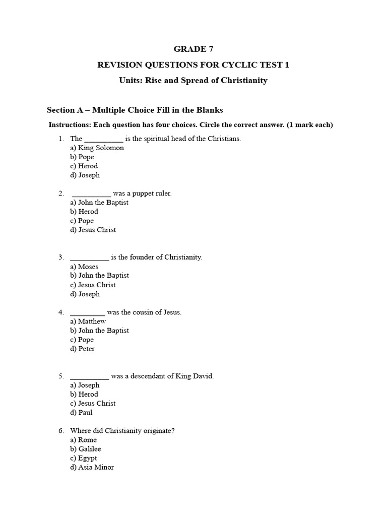 Grade 7 Christianity Revision Questions | PDF | Jesus | Saint Peter