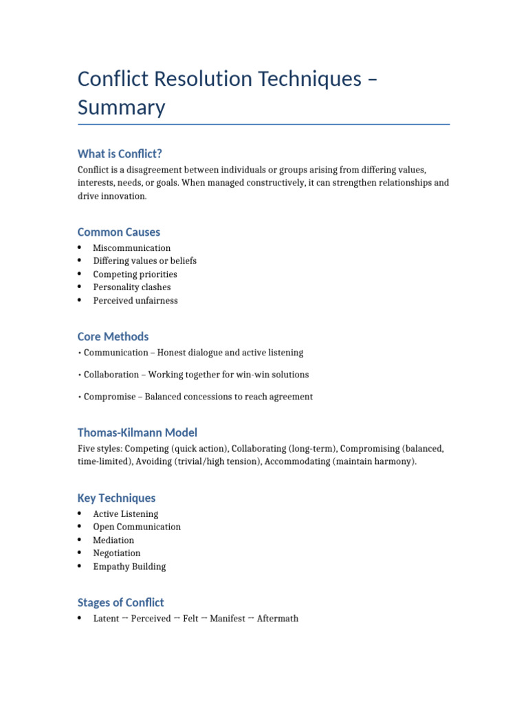 Conflict Resolution Techniques Summary | PDF