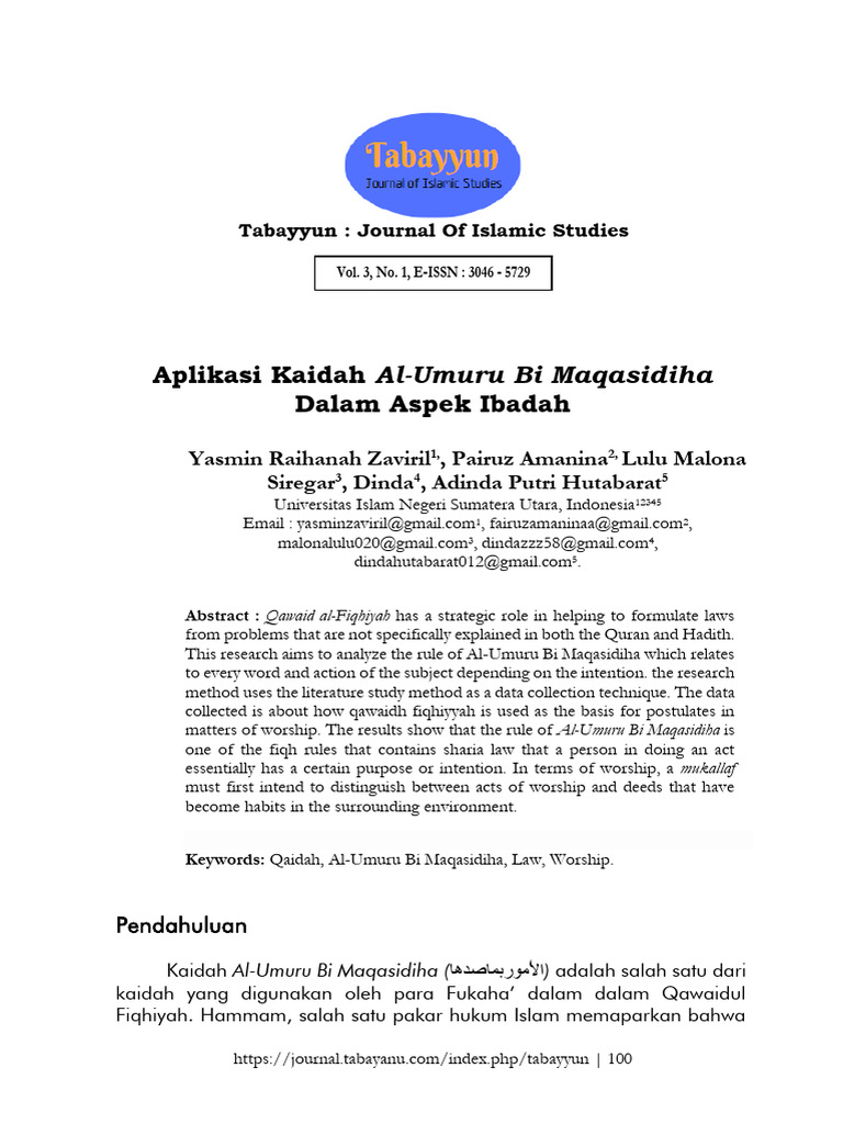 Aplikasi Kaidah Dalam Aspek Ibadah: Al-Umuru Bi Maqasidiha | PDF
