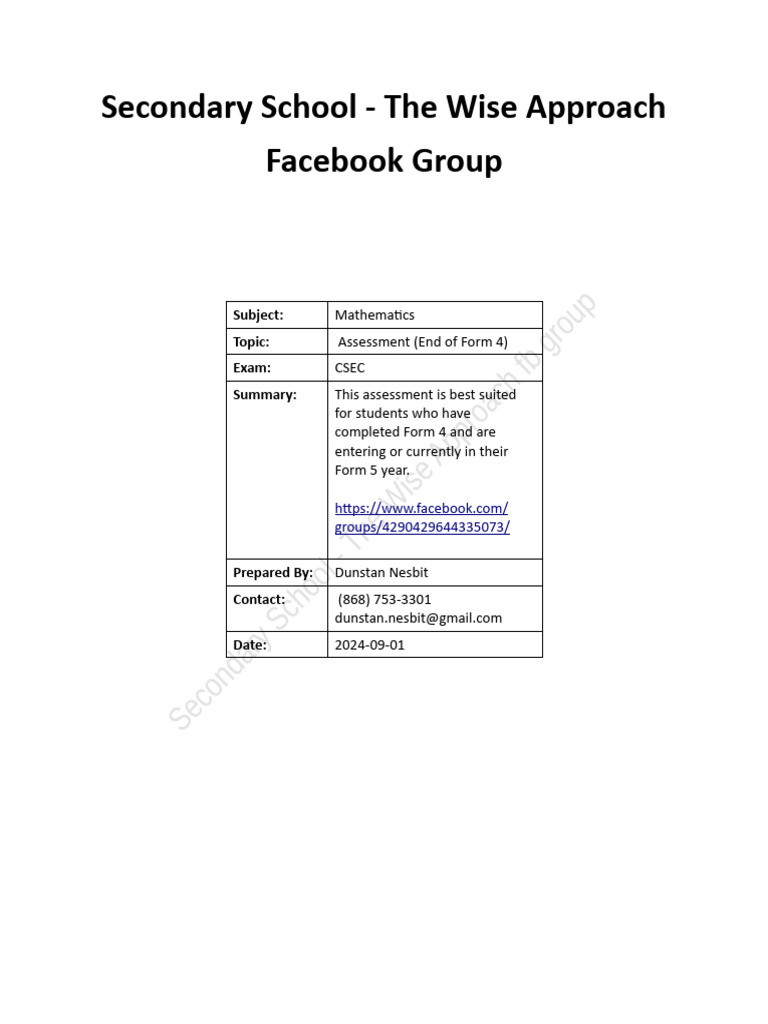 CSEC Mathematics Assessment for Form 5 | PDF | Mathematics