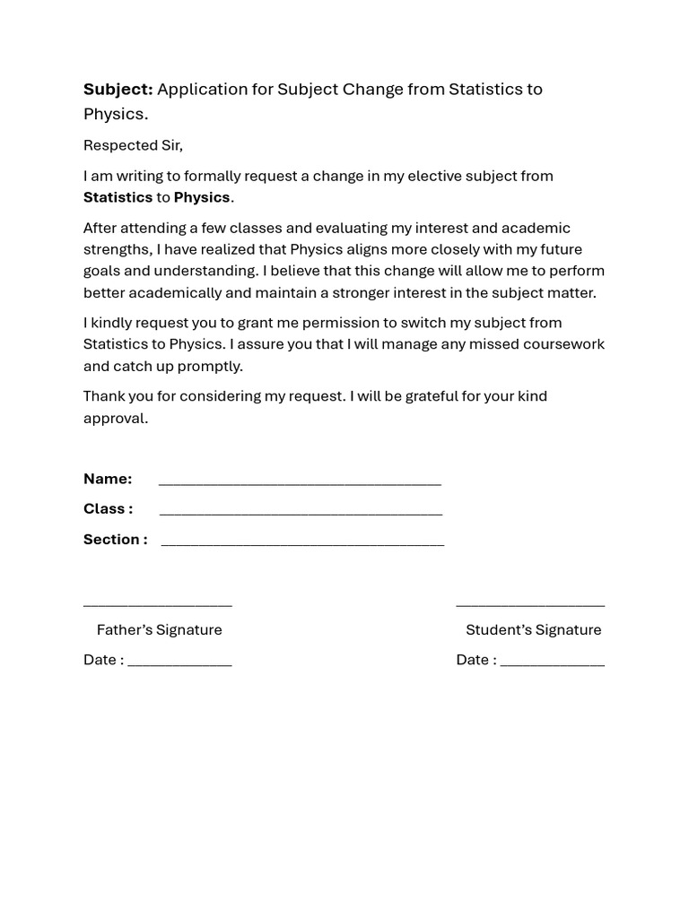 Request to Change Subject to Physics | PDF