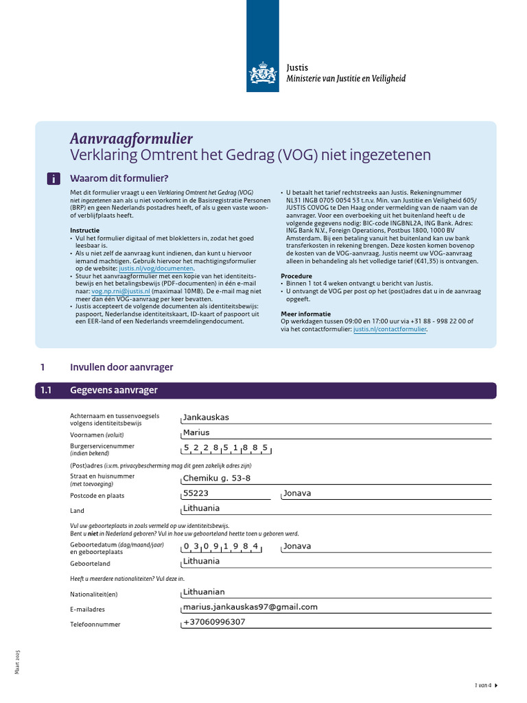 Aanvraagformulier Verklaring Omtrent Het Gedrag (VOG) Niet Ingezetenen ...
