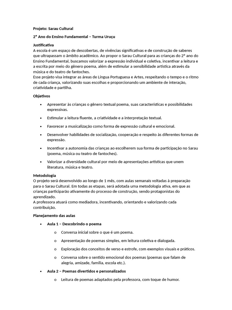 Sarau Cultural: Expressão Artística Infantil | PDF