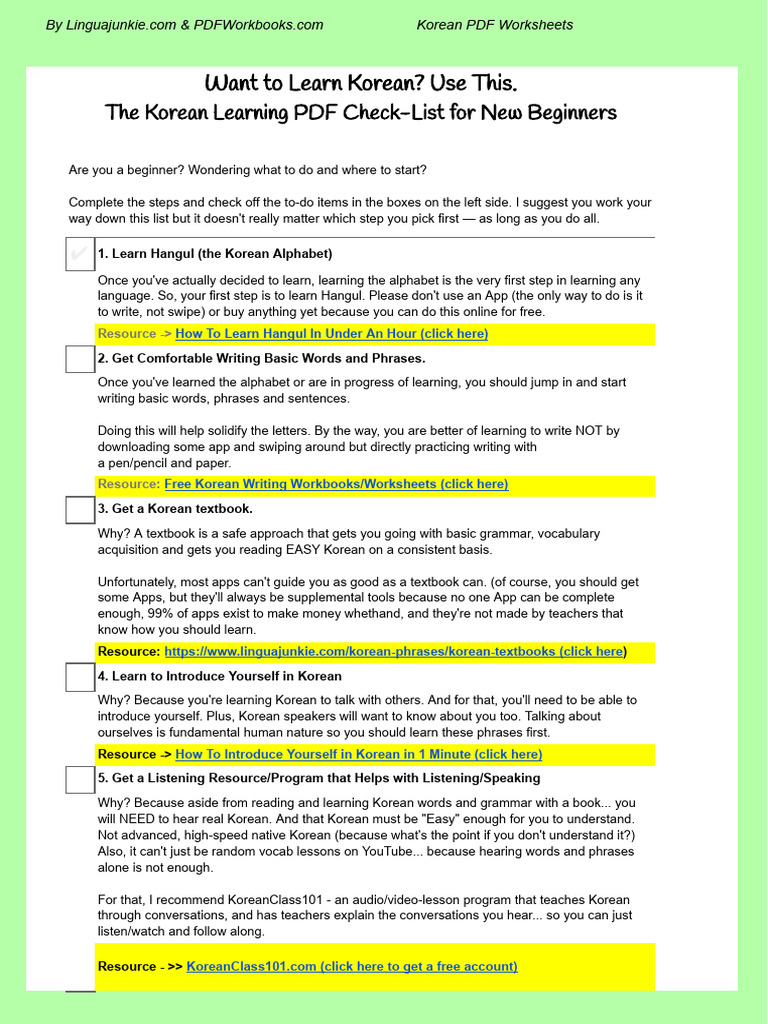 Korean Beginner Worksheet Checklist5 | PDF | Korean Language | Linguistics