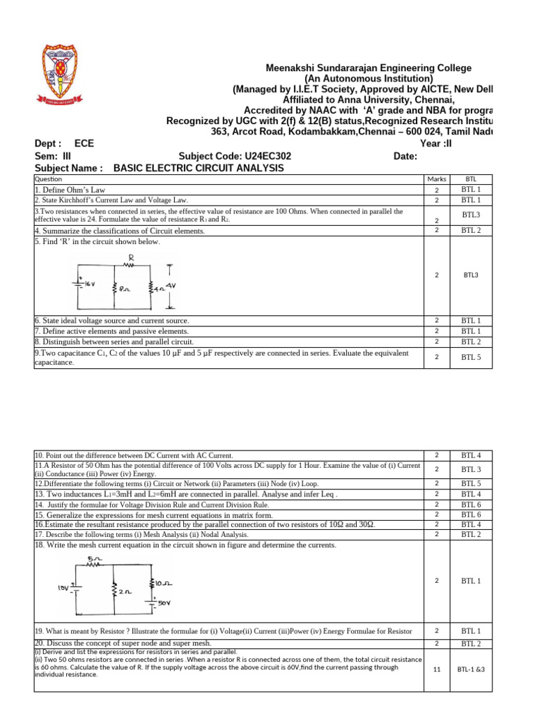 Basic Electric Circuit Analysis Questions | PDF | Series And Parallel ...