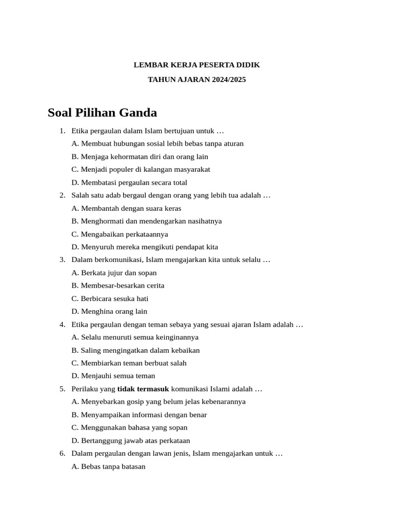 LKPD Etika Pergaulan Islami 2024/2025 | PDF