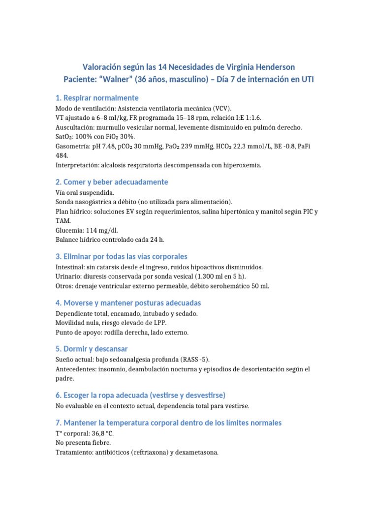 Valoración de Necesidades en UTI: Caso Walner | PDF | Medicina CLINICA ...