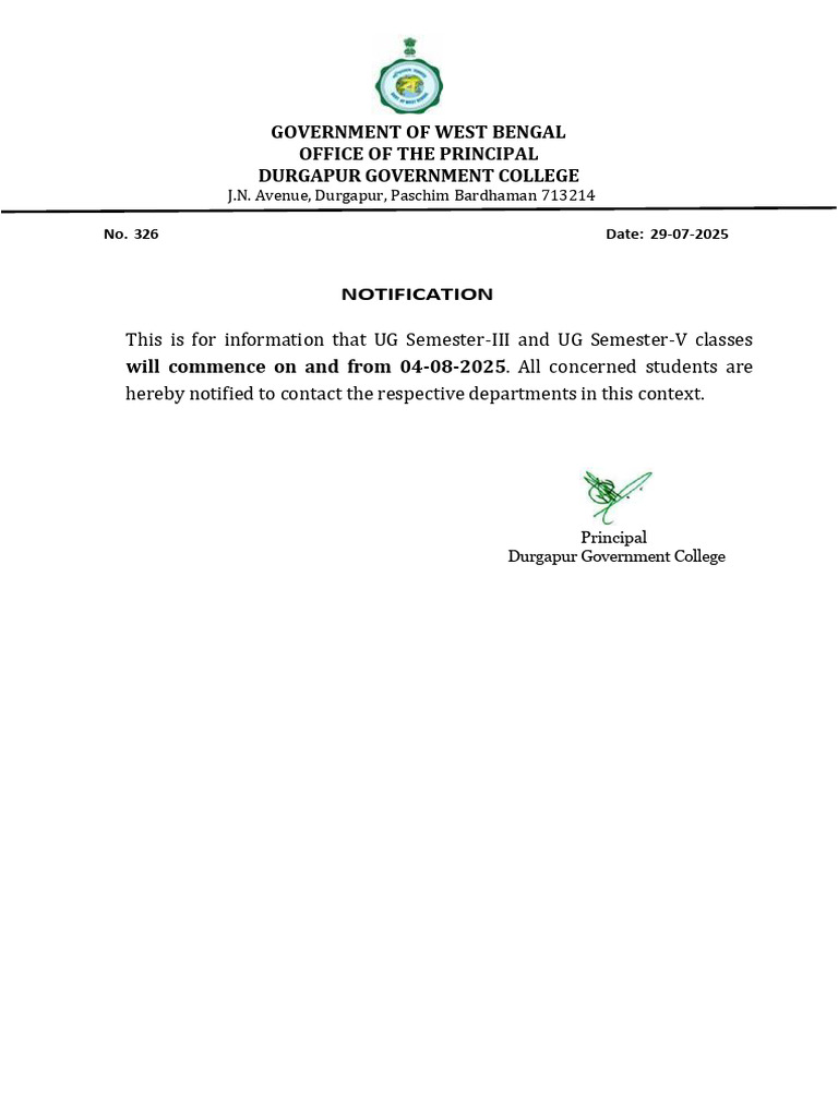 Notice 326 Students Notice For Commencement of UG Semester V Classes | PDF
