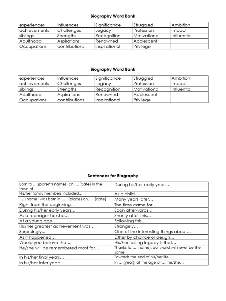 Essential Biography Word Bank Terms | PDF