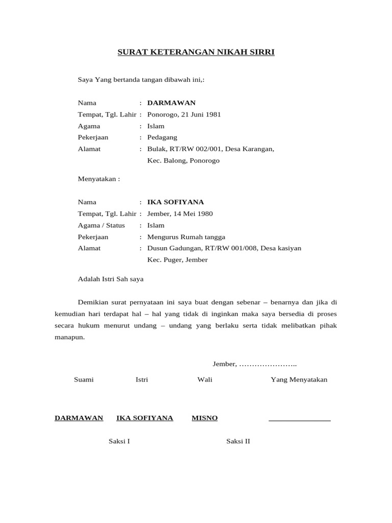 Surat Keterangan Nikah Sirri | PDF